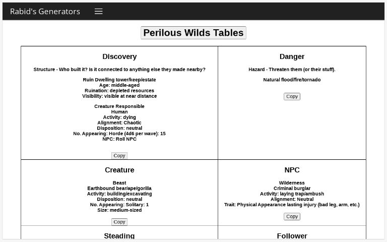 Perilous Wilds Tables ― Perchance Generator