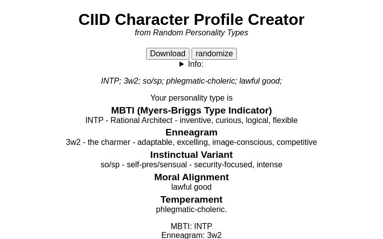 CIID Character Profile Creator from Random Personality Types ...