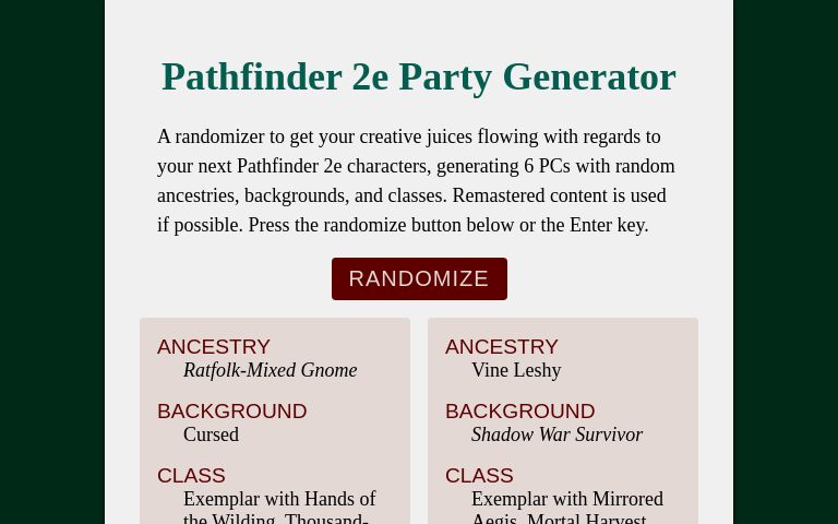 Pathfinder 2e Party Generator