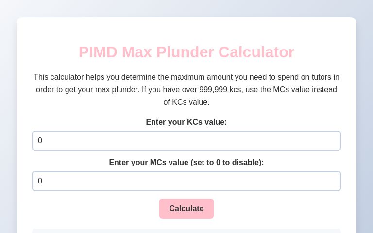 PIMD Max Plunder Calculator ― Perchance Generator