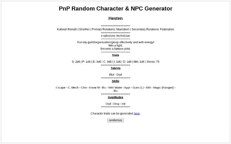 PnP Random Character & NPC Generator
