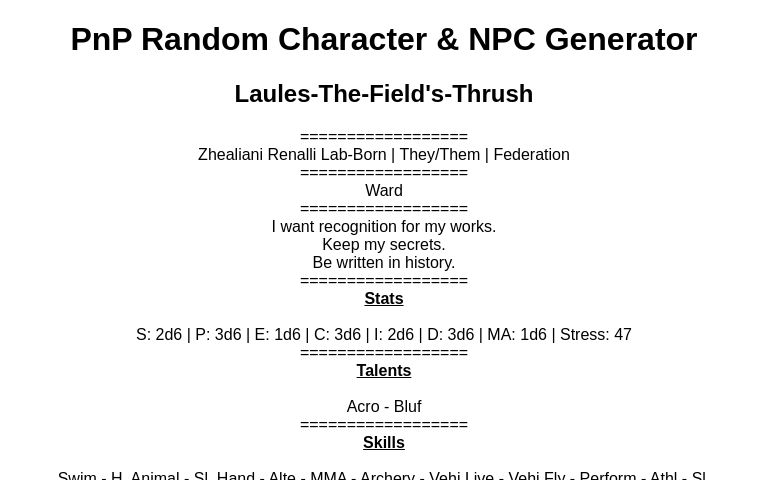 PnP Random Character & NPC Generator