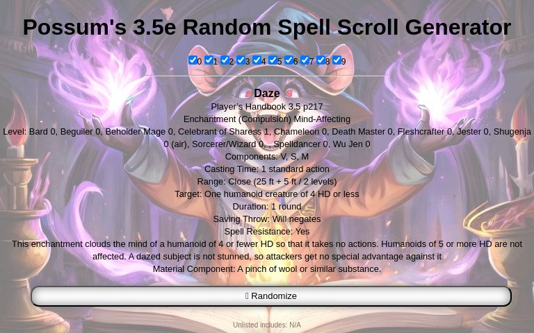 Possum's 3.5e Random Spell Scroll Generator