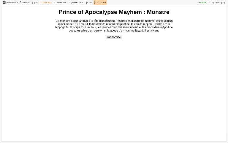 Prince of Apocalypse Mayhem : Monstre ― Perchance Generator
