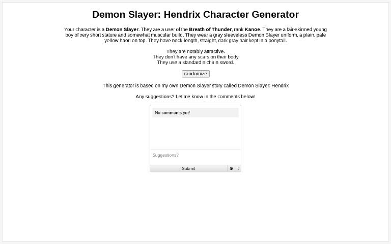 Demon Slayer: Hendrix Character Generator