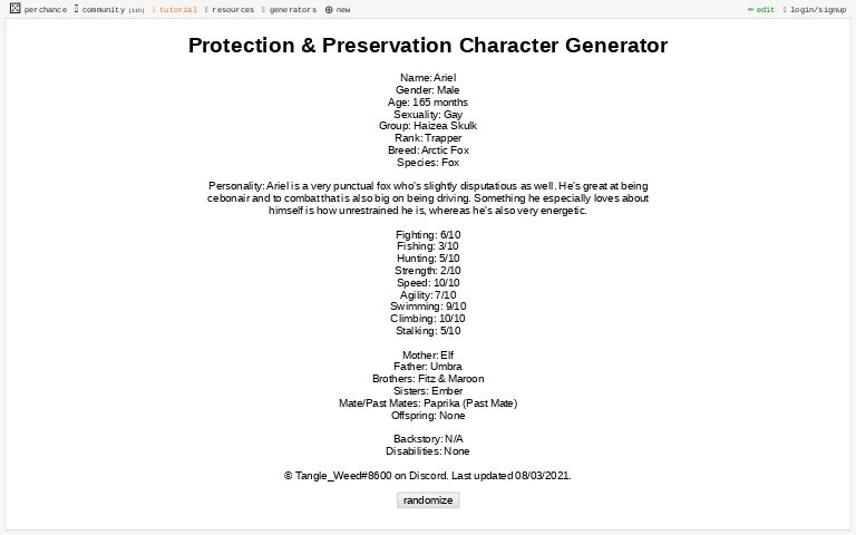 Protection & Preservation Character Generator