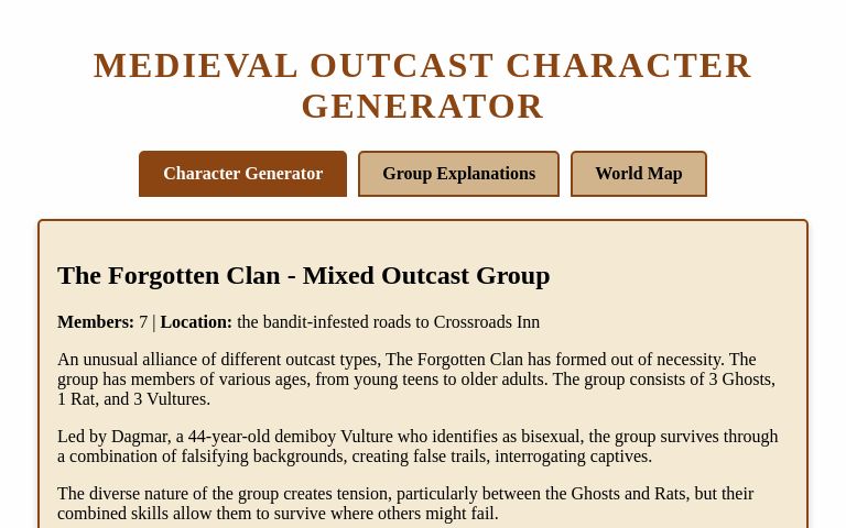Medieval Outcast Character Generator