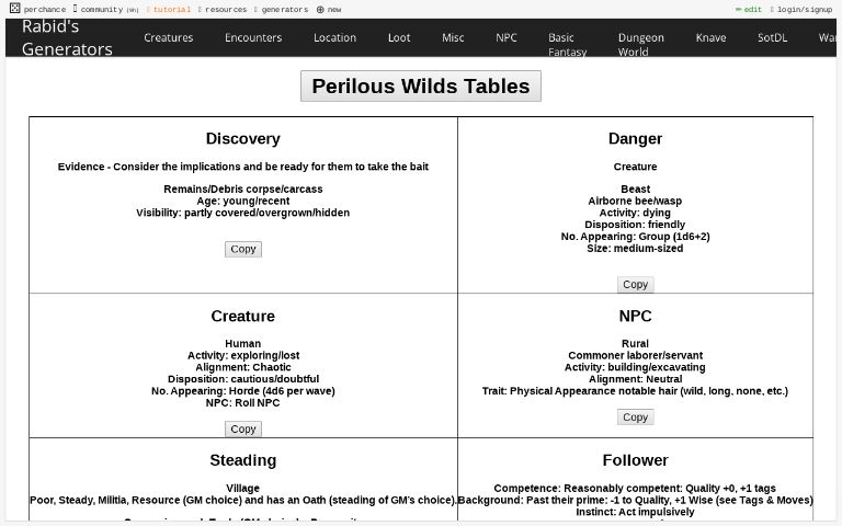 Perilous Wilds Tables ― Perchance Generator