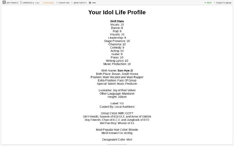 Your Idol Life Profile ― Perchance Generator