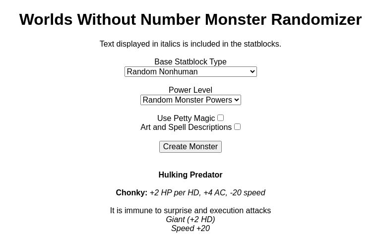 Worlds Without Number Monster Randomizer ― Perchance Generator