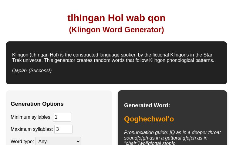 tlhIngan Hol wab qon(Klingon Word Generator)