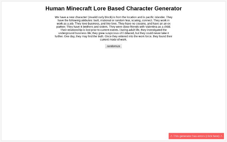 Human Minecraft Lore Based Character Generator