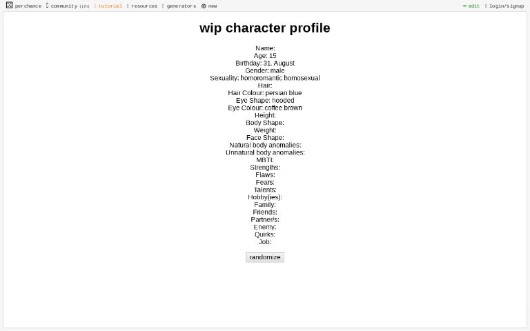 wip character profile ― Perchance Generator
