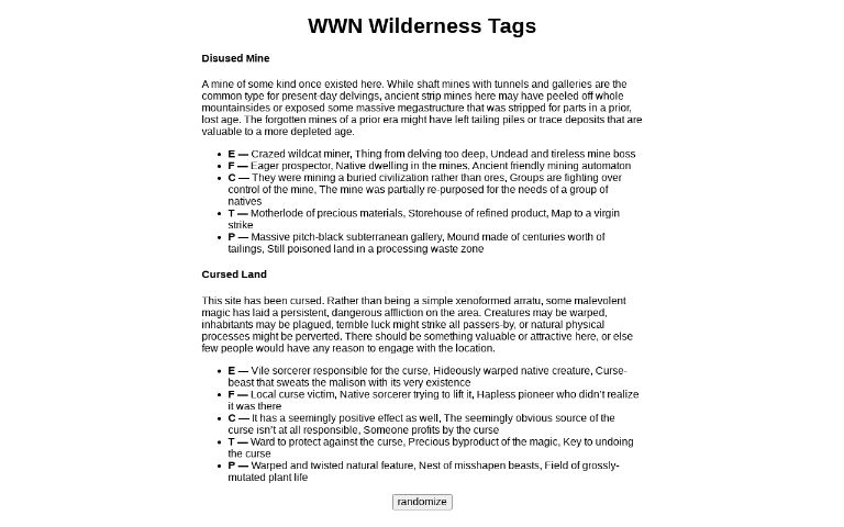WWN Wilderness Tags ― Perchance Generator