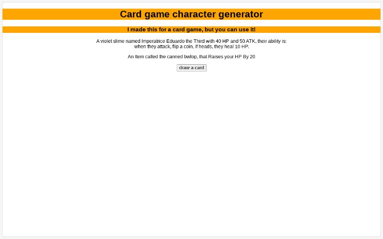 Card game character generator