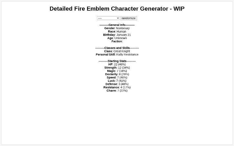 Detailed Fire Emblem Character Generator - WIP