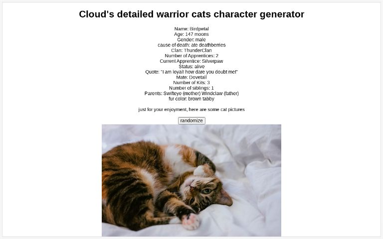 Cloud's detailed warrior cats character generator