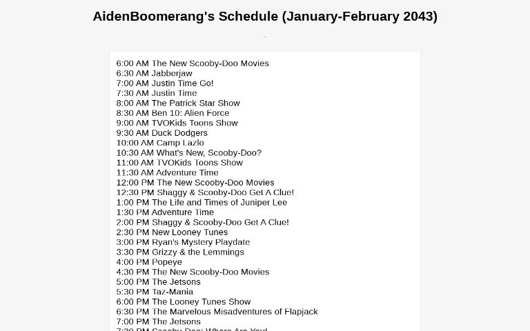 AidenBoomerang's Schedule (January-February 2043) ― Perchance Generator