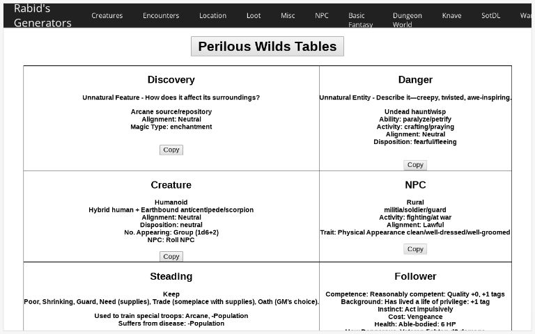 Perilous Wilds Tables ― Perchance Generator