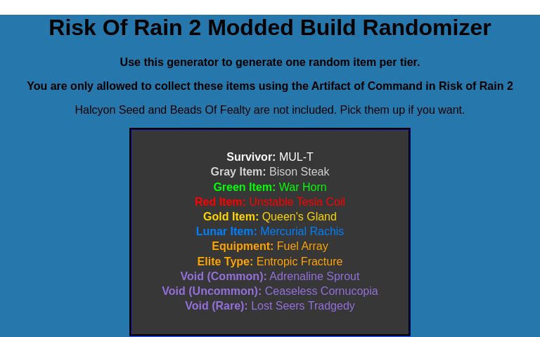 Risk Of Rain 2 Modded Build Randomizer ― Perchance Generator
