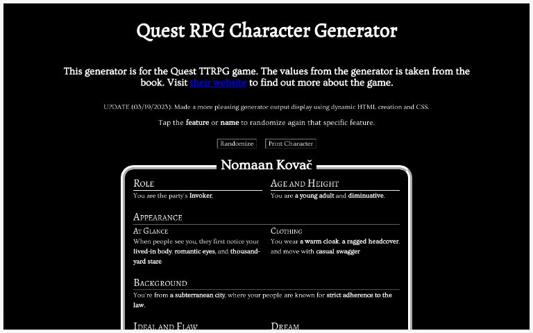 Quest RPG Character Generator