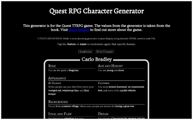 Quest RPG Character Generator