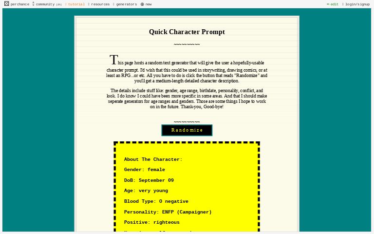 Quick Character Prompt ― Perchance Generator