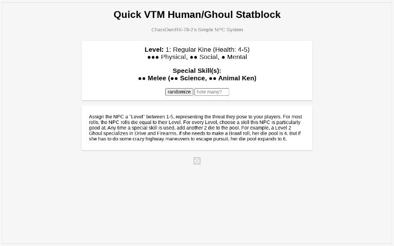 Quick VTM Human/Ghoul Statblock ― Perchance Generator