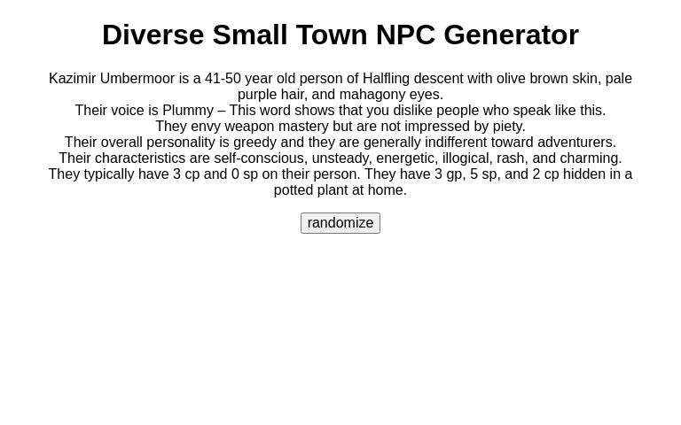 Diverse Small Town NPC Generator