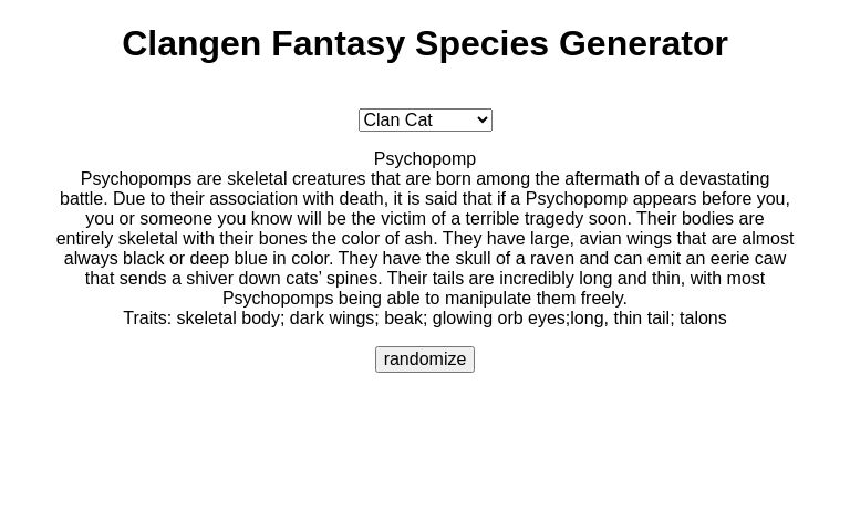 Clangen Fantasy Species Generator
