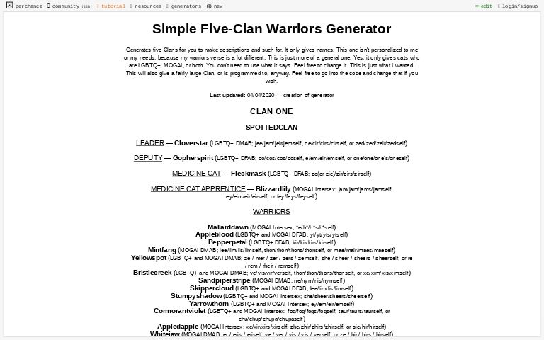 Simple Five-Clan Warriors Generator