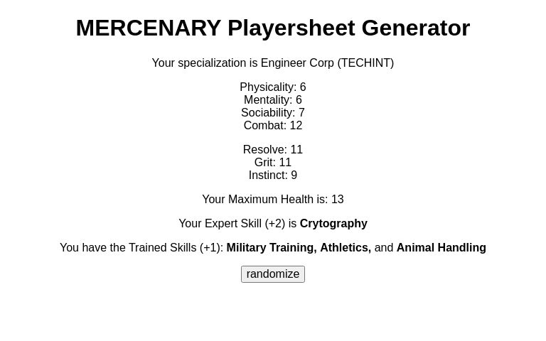 MERCENARY Playersheet Generator
