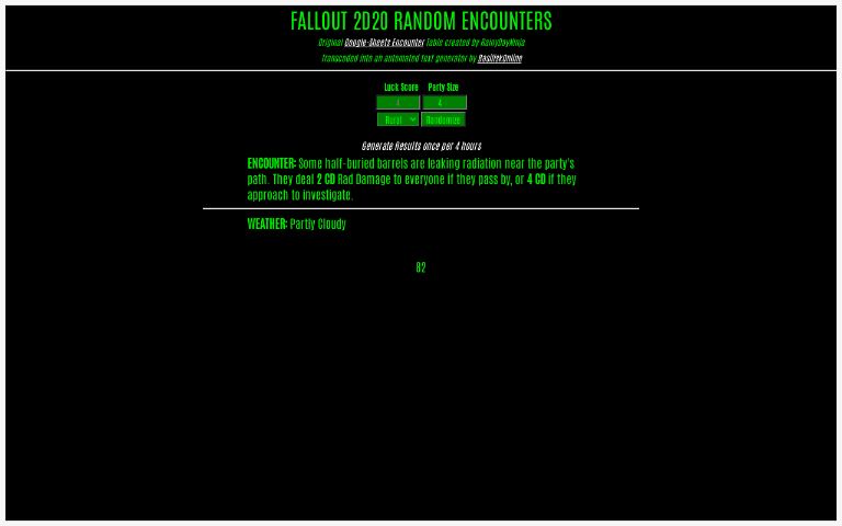 Rainydayninjas Random Fallout 2d20 Encounter Table ― Perchance Generator