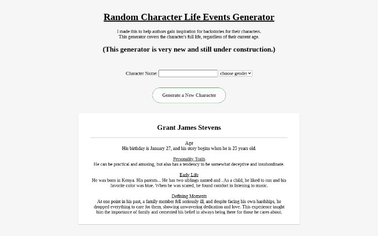 Random Character Life Events Generator