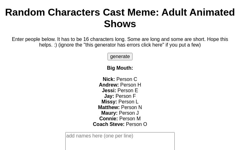 Random Characters Cast Meme: Adult Animated Shows ― Perchance Generator