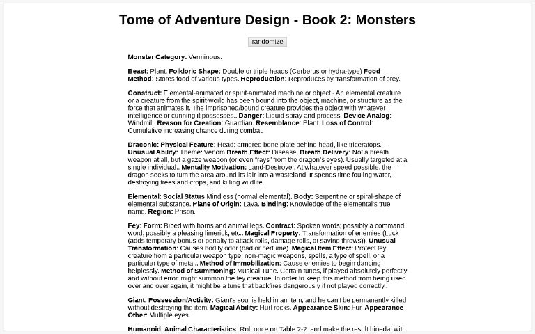 Tome of Adventure Design - Book 2: Monsters ― Perchance Generator