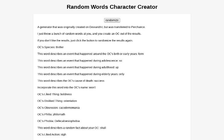 Random Words Character Creator ― Perchance Generator