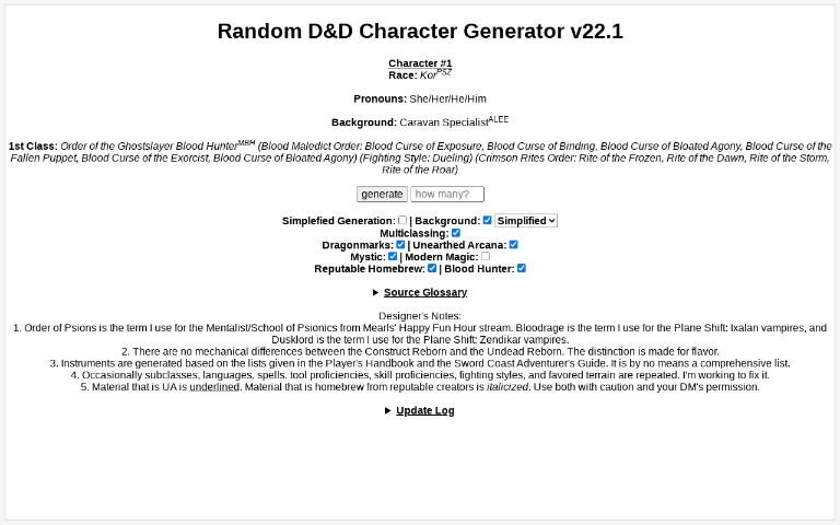 Random D&D Character Generator v22.1