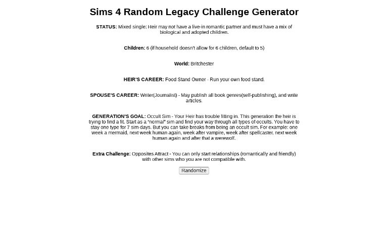Sims 4 Random Legacy Challenge Generator