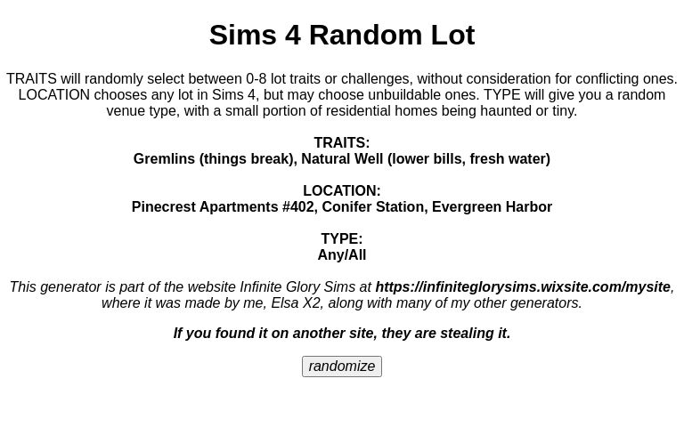 Sims 4 Random Lot ― Perchance Generator