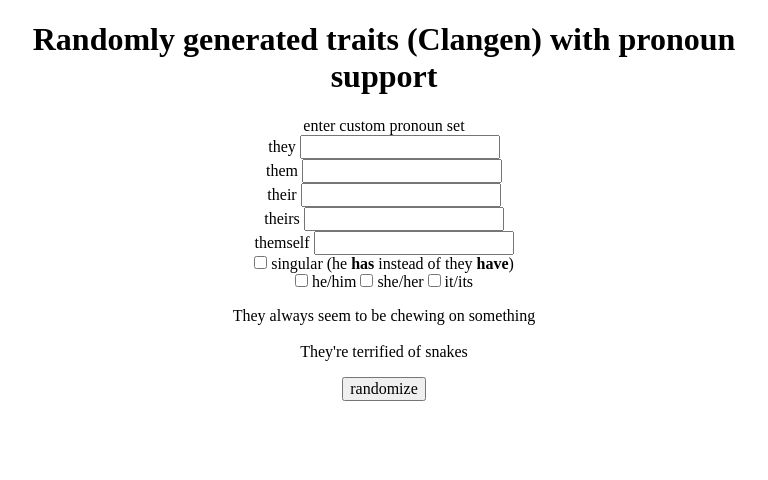 Randomly generated traits (Clangen) with pronoun support