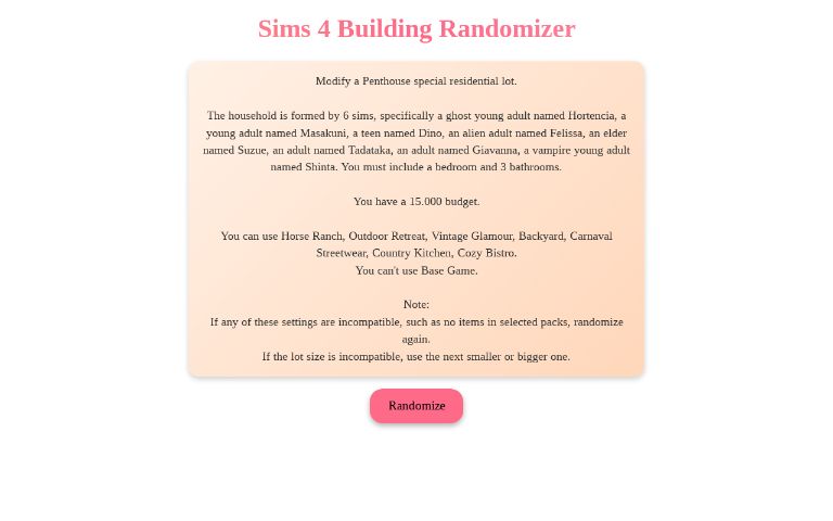 Sims 4 Building Randomizer ― Perchance Generator