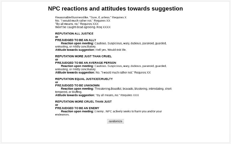 NPC reactions and attitudes towards suggestion ― Perchance Generator
