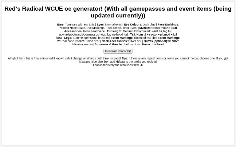 Red's Radical WCUE oc generator! (With all gamepasses and event items ...