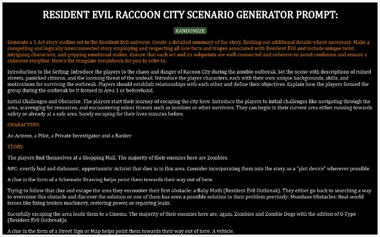 RESIDENT EVIL RACCOON CITY SCENARIO GENERATOR PROMPT: