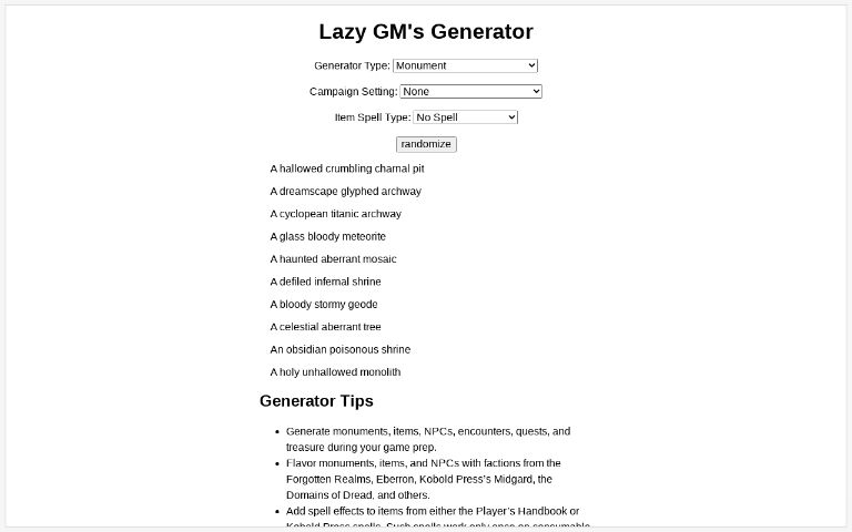 Lazy GM's Generator