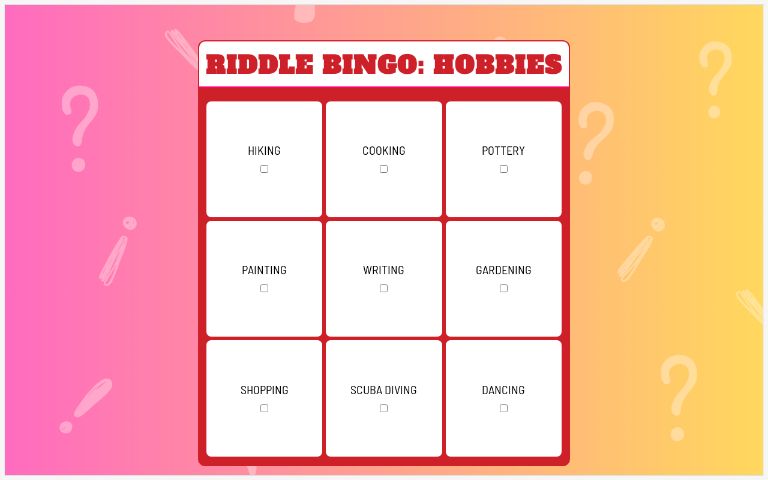 Riddle Bingo: Hobbies ― Perchance Generator