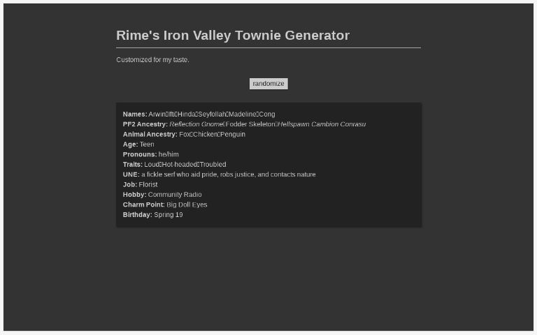 Rime's Iron Valley Townie Generator