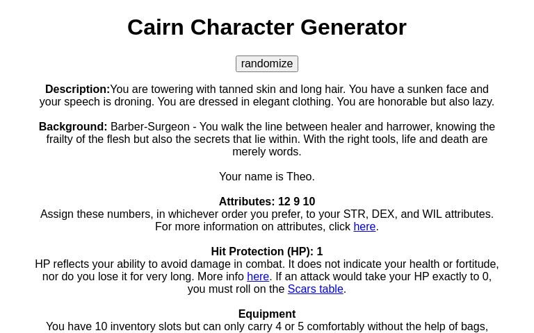 Cairn Character Generator