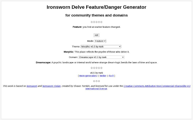 Ironsworn Delve Feature/Danger Generator
